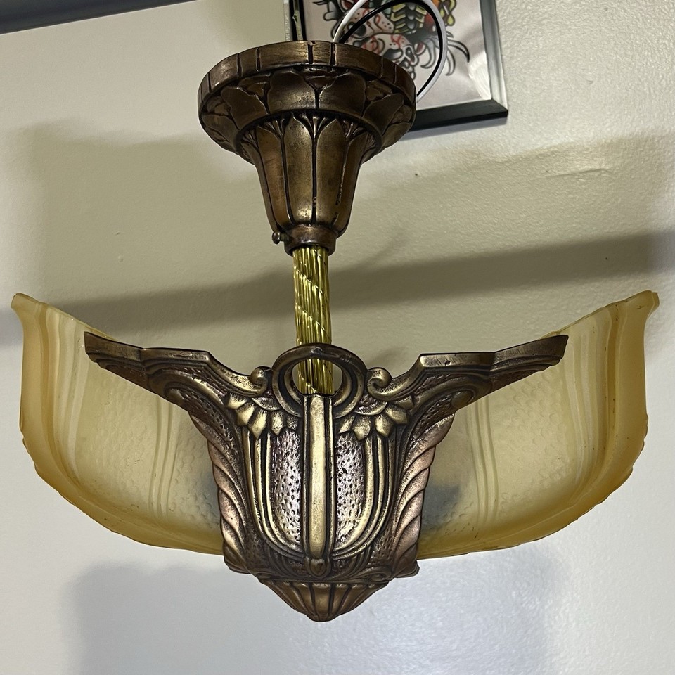 RARE Art Deco Slip Shade Fixture Wired Two Socket Light 57K | eBay