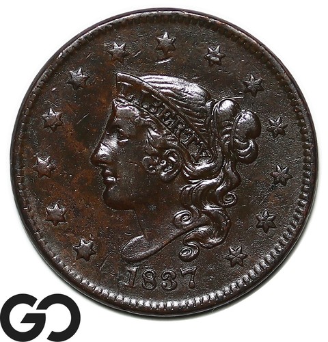 1837 Large Cent, Coronet Head, Medium Letters, Choice AU++ Early Date ...