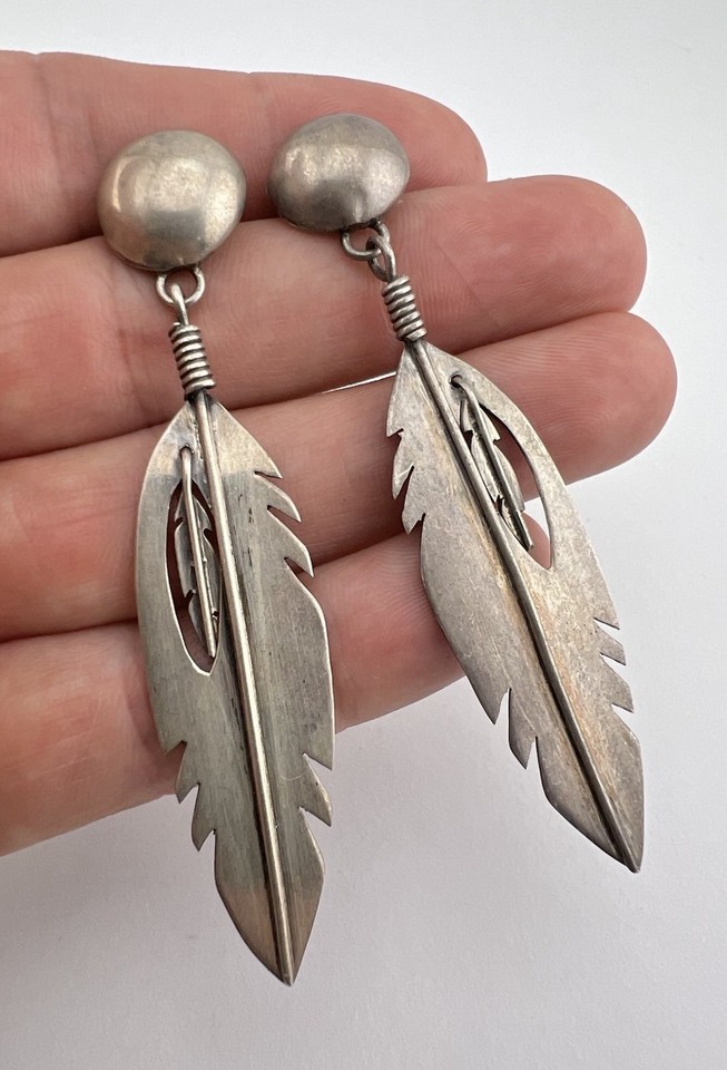 Vintage Navajo Sterling Silver Detailed Stamped Feather Post Earrings 3 ...