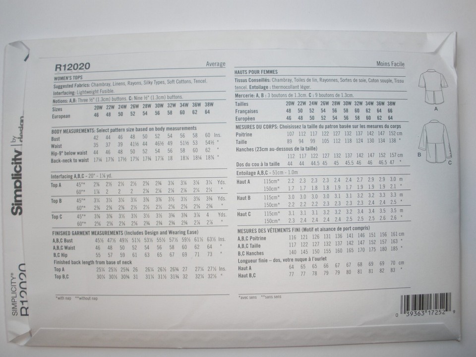 Simplicity R12020/ 9890 Sewing pattern Women's Plus Size Tops plus 30W ...