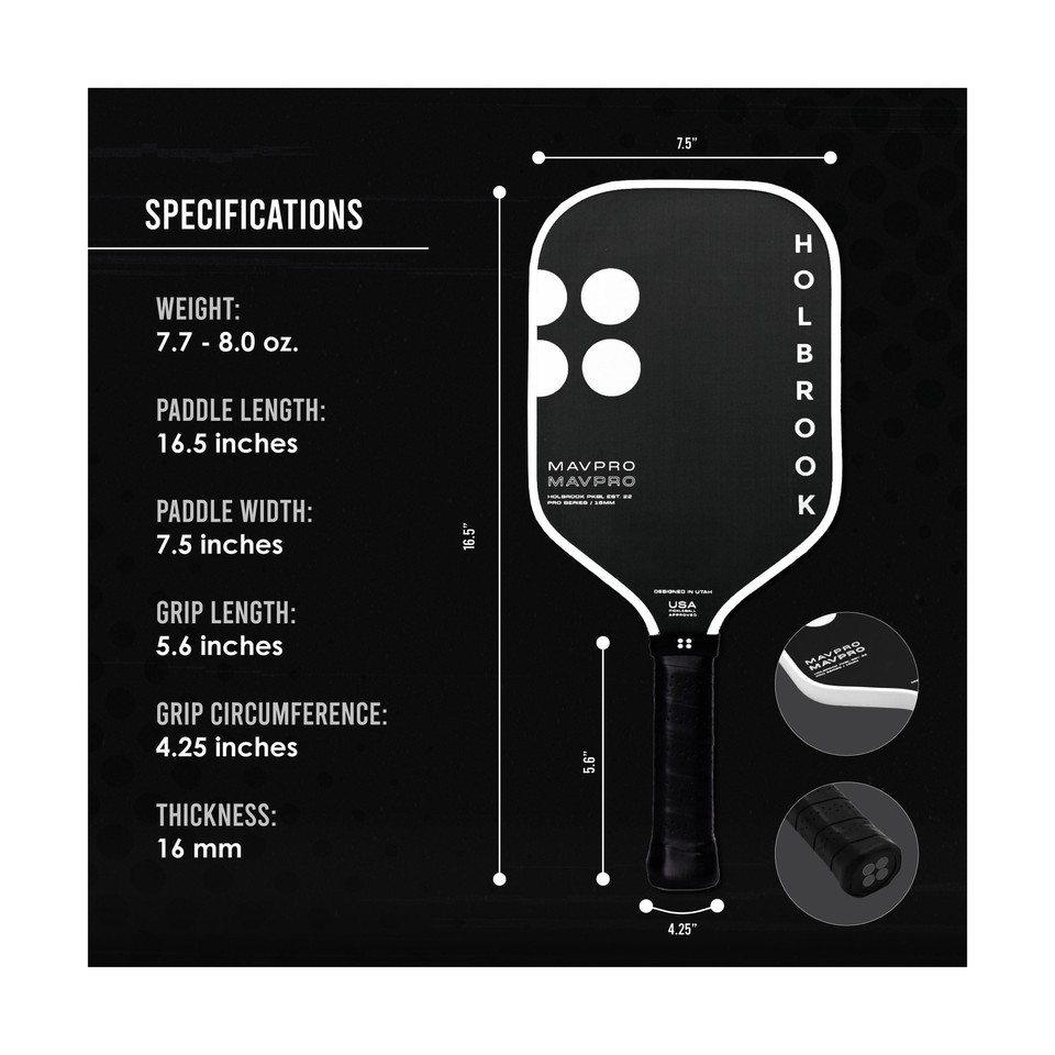 Holbrook Mav Pro 2.0 Pickleball Paddle: T700 3K Carbon Fiber Surface ...
