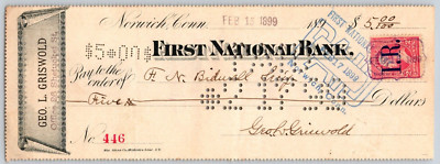 First National Bank Norwich 1899 Bank Check Geo. L. Griswold w/ Tax ...