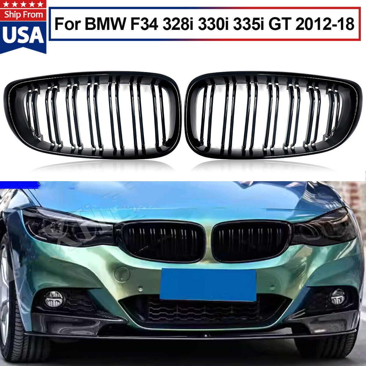 Pair Gloss Black Front Grill Kidney For BMW F34 328i 330i 335i 340i GT xDrive | eBay
