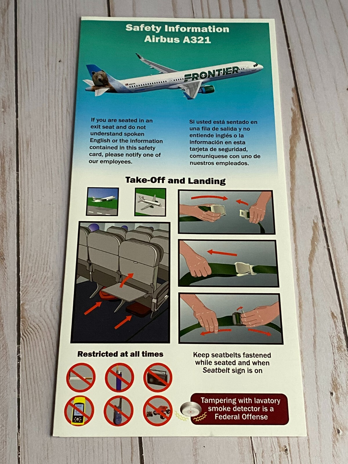 Frontier Airlines Airbus A321 Safety Card - 10/15 | eBay