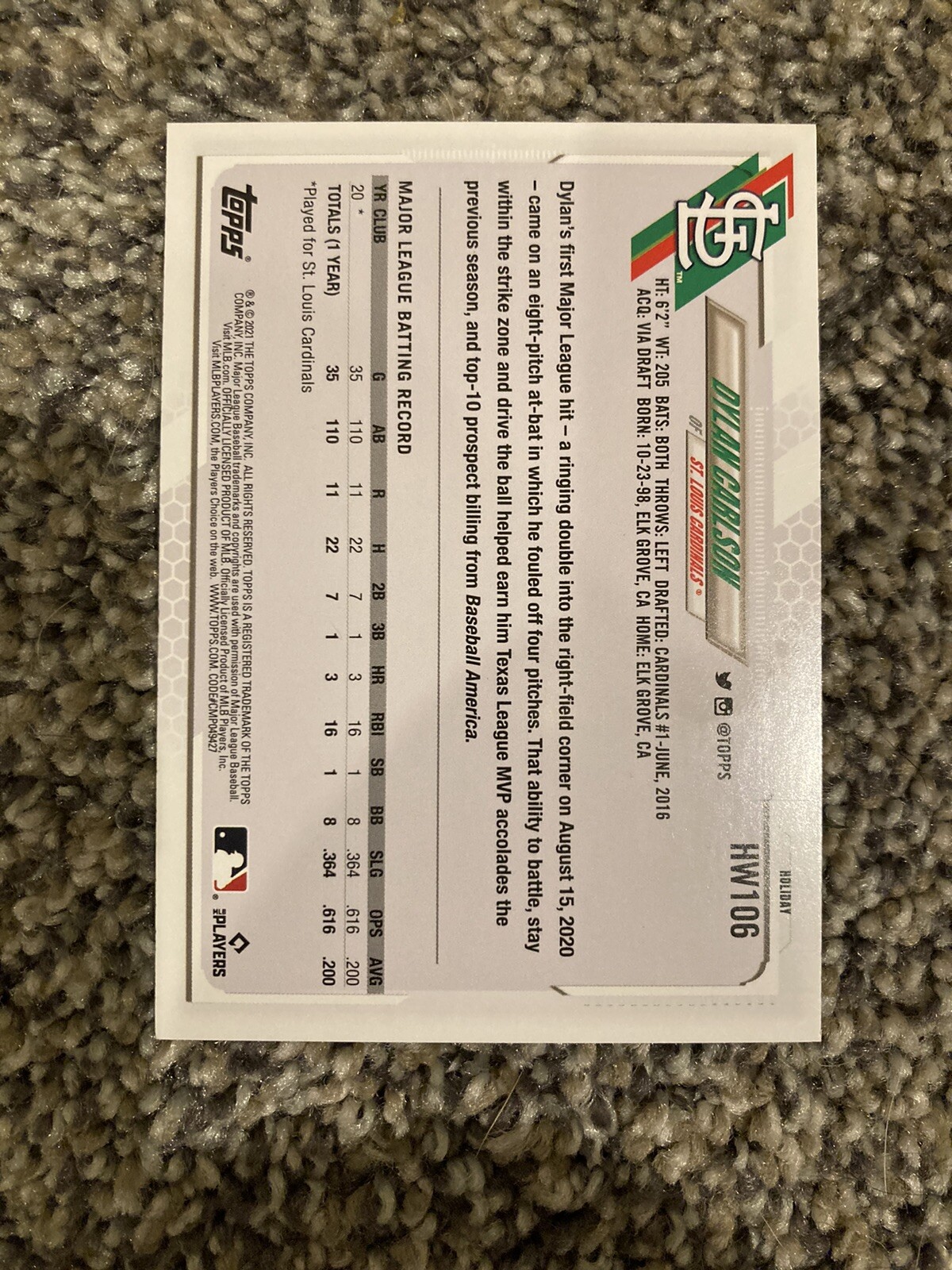 2021 Topps Holiday Dylan Carlson Rookie Candy Cane Bat HW106 mint | eBay