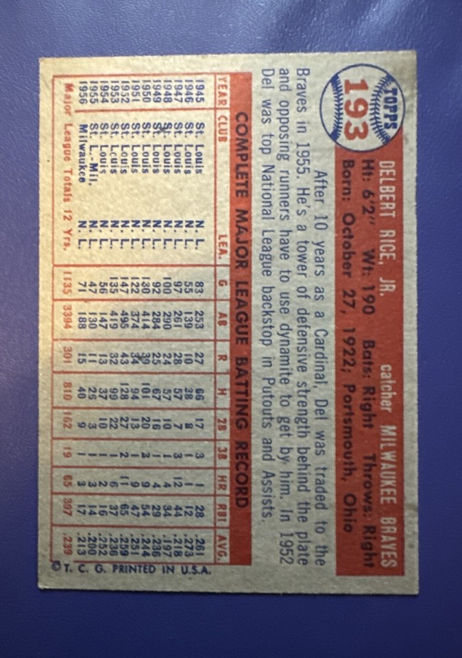 1957 TOPPS #193 DEL RICE MILWAUKEE BRAVES CATCHER *FREE SHIPPING* | eBay
