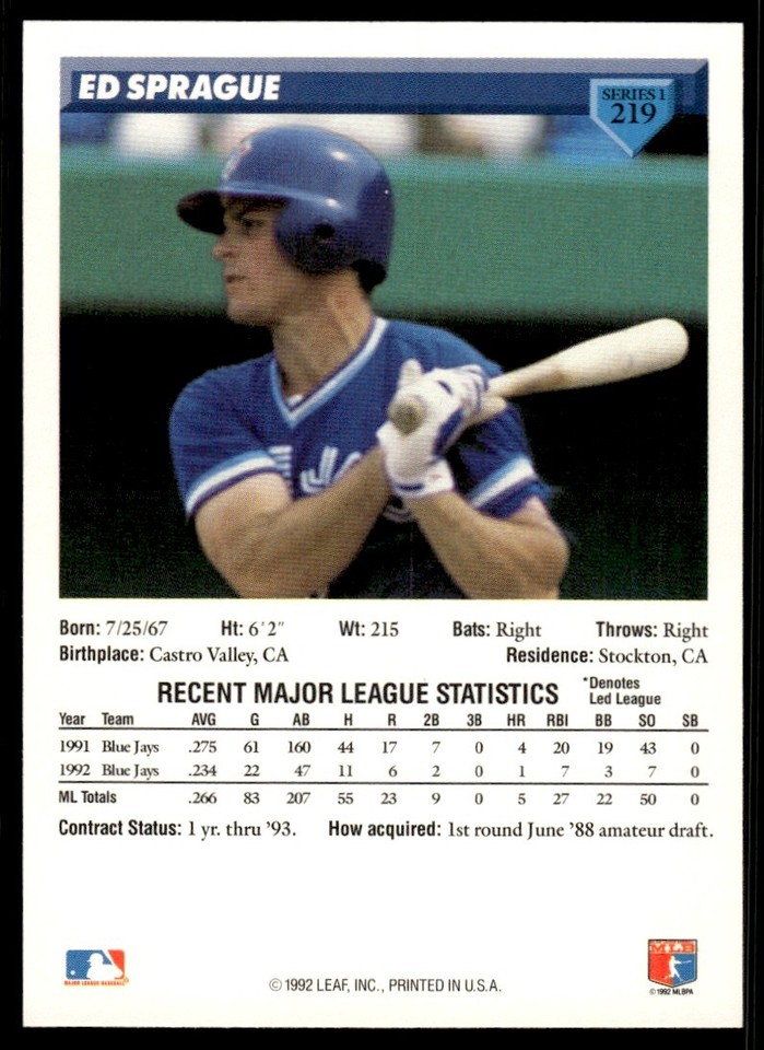 1993 Donruss Baseball Card Ed Sprague Toronto Blue Jays #219 | eBay