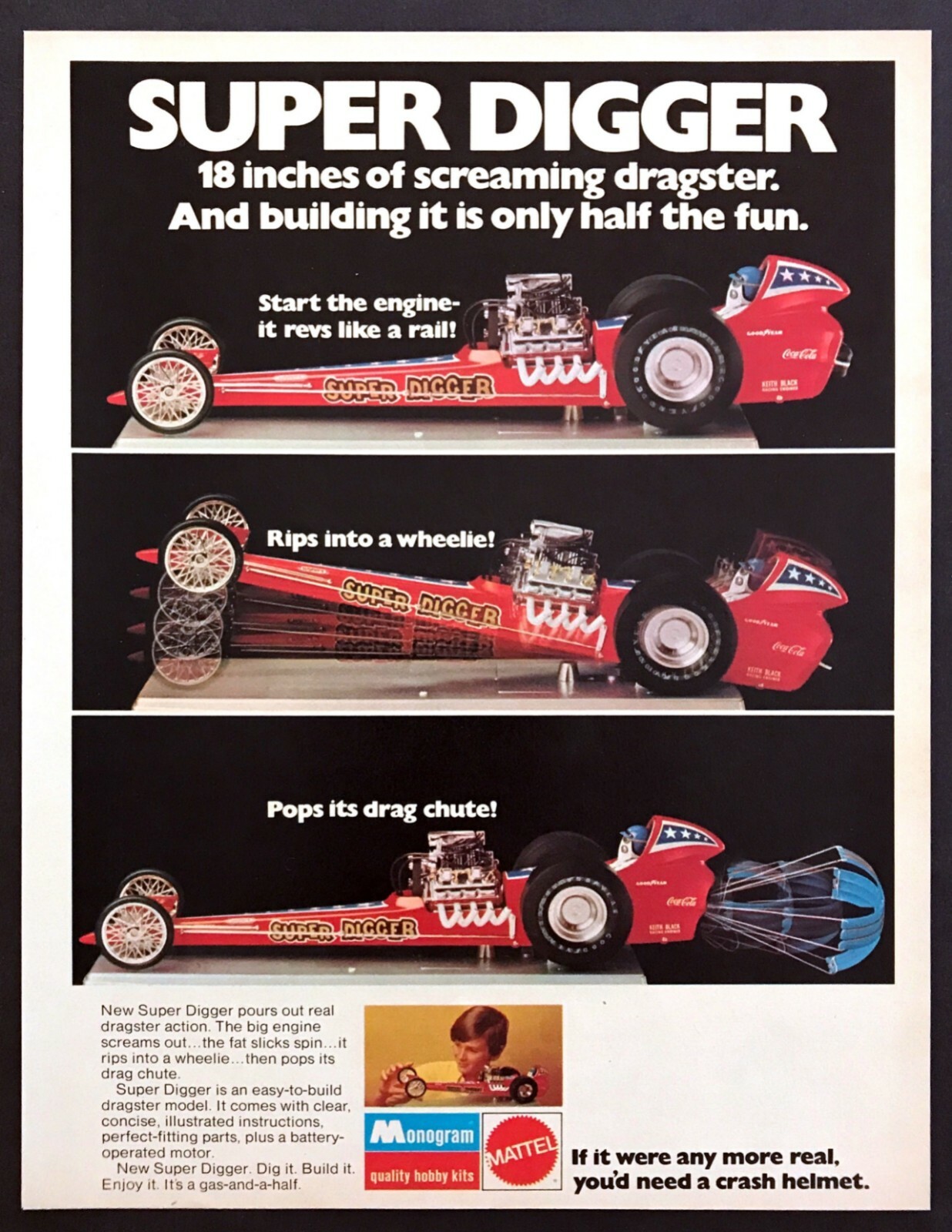 1971 Monogram Super Digger Dragster Model Kit photo Pop a Wheelie promo ...