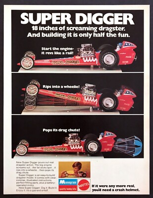 1971 Monogram Super Digger Dragster Model Kit photo Pop a Wheelie promo ...