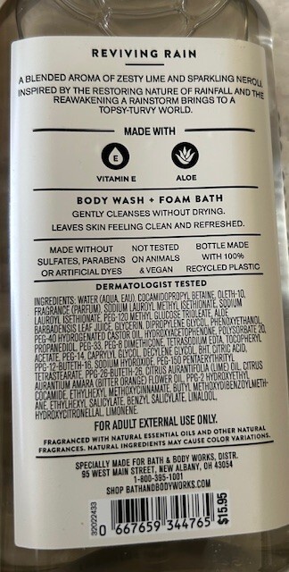 Bath & Body Works "Reviving Rain" W/Essential Oils Body Wash Vitamin E ...