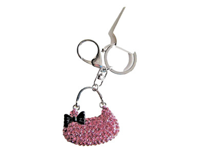 Jeweled Silver Tone Key Ring Purse Charm Pink Purse Handbag Black Bow ...