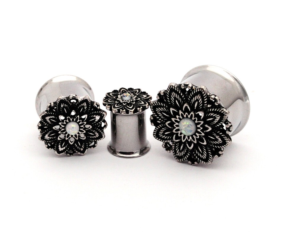 Pair of Fancy 316L Stainless Steel Plugs gauges flower dangle tunnels ...