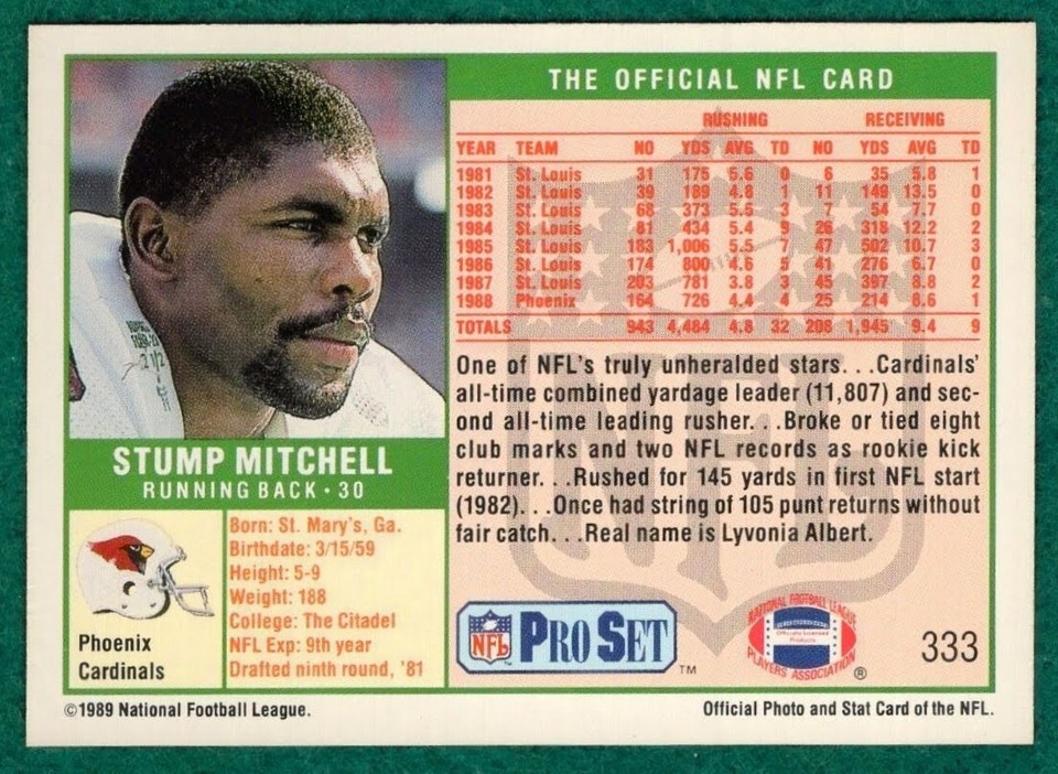 Stump Mitchell - 1989 NFL Pro Set #333 - Phoenix Cardinals Football ...