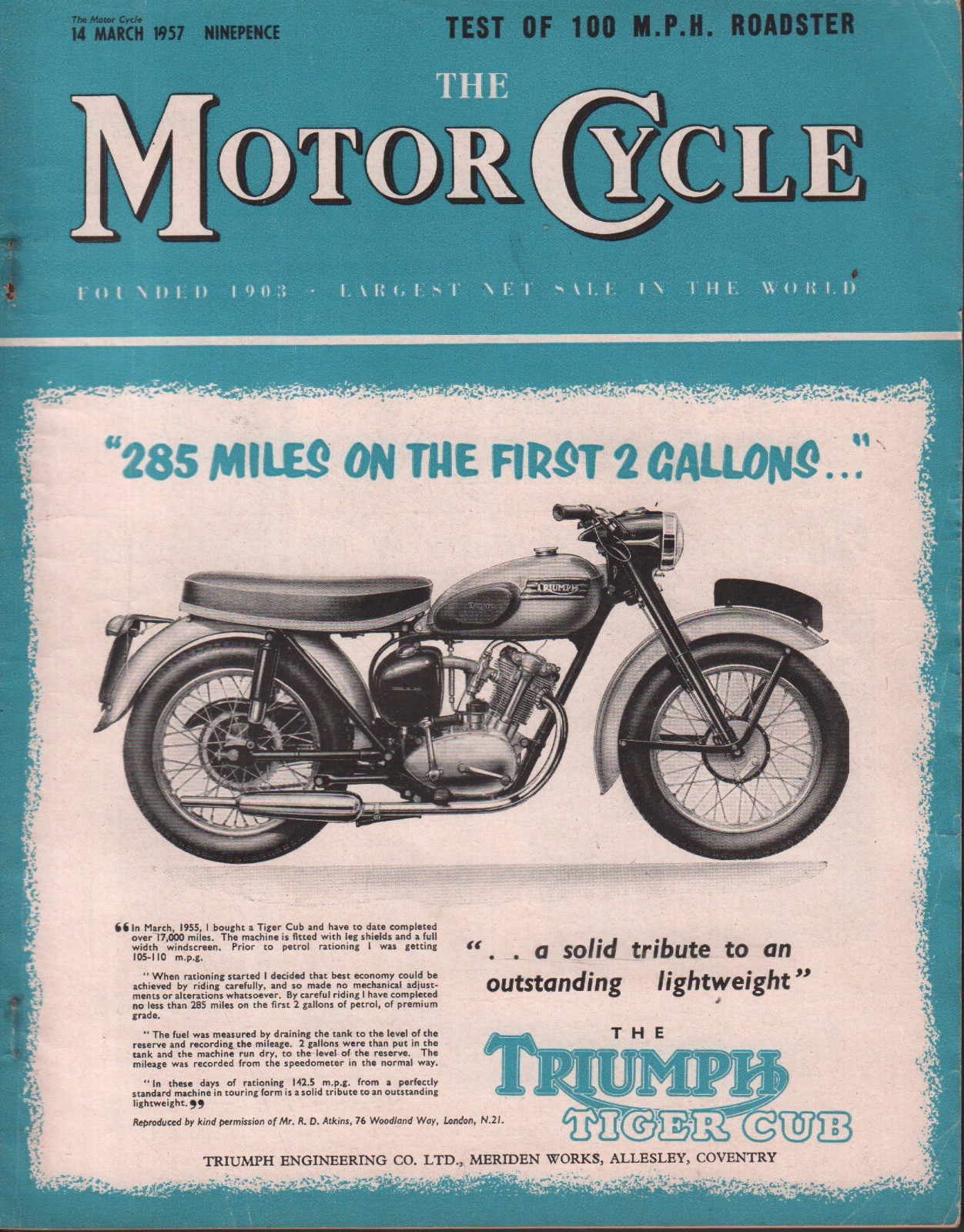 The Motor Cycle March 14 1957 Triumph Tiger Club, 100 MPH Roadster ...