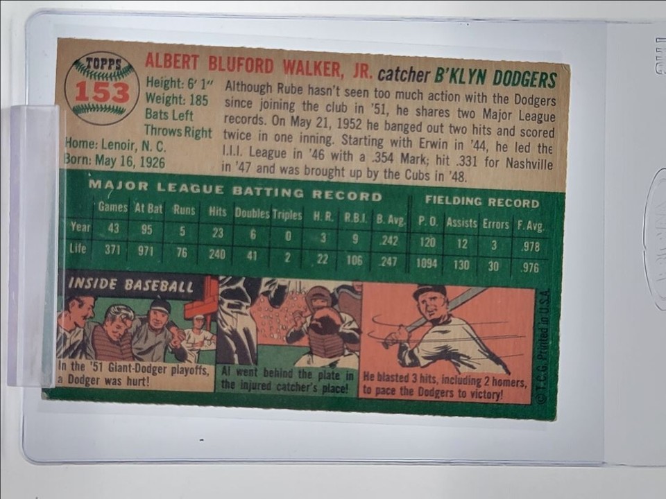 RUBE WALKER 1954 TOPPS MLB BASEBALL BROOKLYN DODGERS #153 Q3470 | eBay