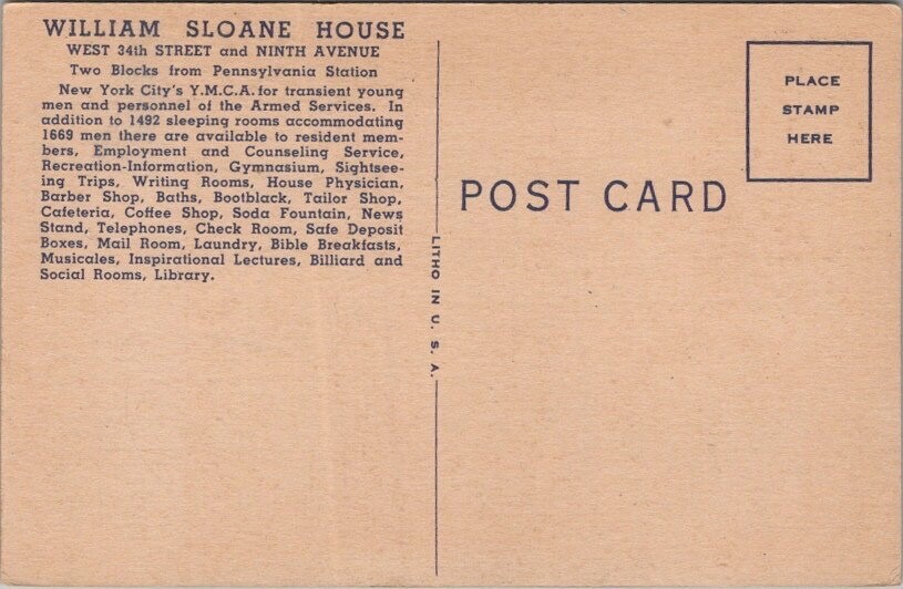 New York City Linen Postcard "WILLIAM SLOANE HOUSE YMCA" West 34th ...