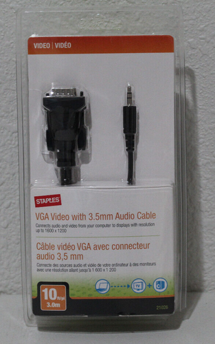 Genuine Staples Brand New VGA Video Cable with 3.5mm Audio Cable 10ft 3 ...