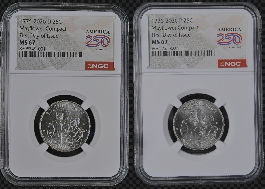 2026 Mayflower Compact Quarter * 2pc P & D - NGC MS67 First Day Of ...
