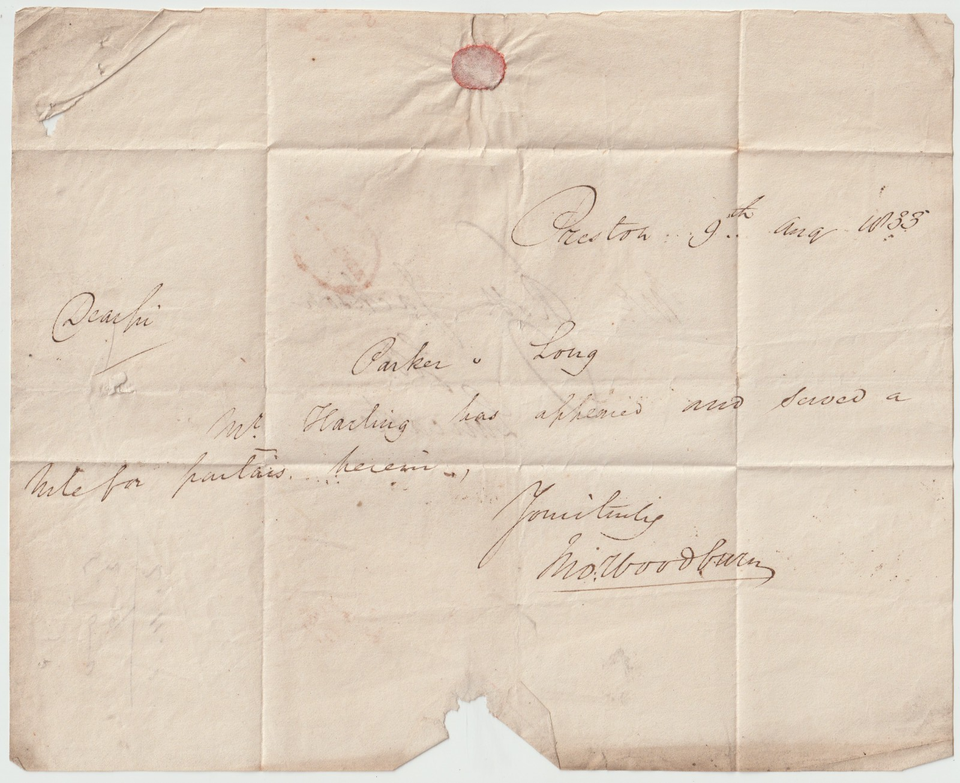1833 RED OVAL FRAMED TOO LATE PMK PRESTON LETTER TO ROBERT JACKSON AT ...