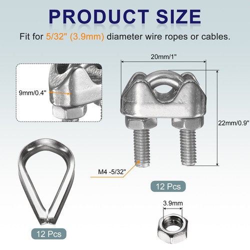 12 Set M4 5/32" Wire Rope U-Bolt Cable Clamps Saddle Fastener | eBay