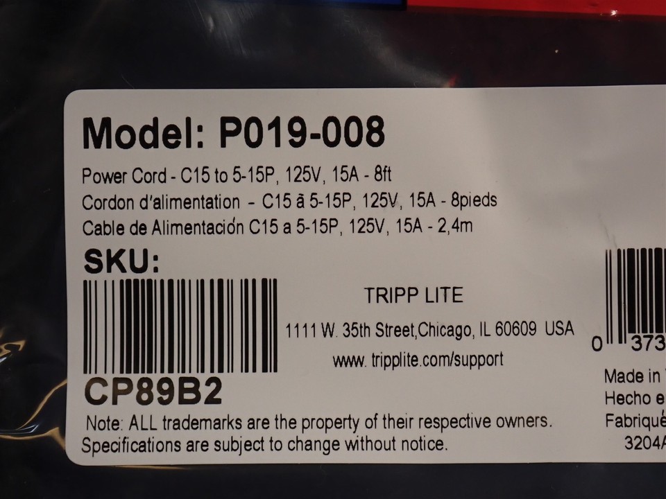 NEW Tripp Lite P019-008 Power Cord C15 to 5-15P, 15A, 125V, 14 AWG, 8 ...