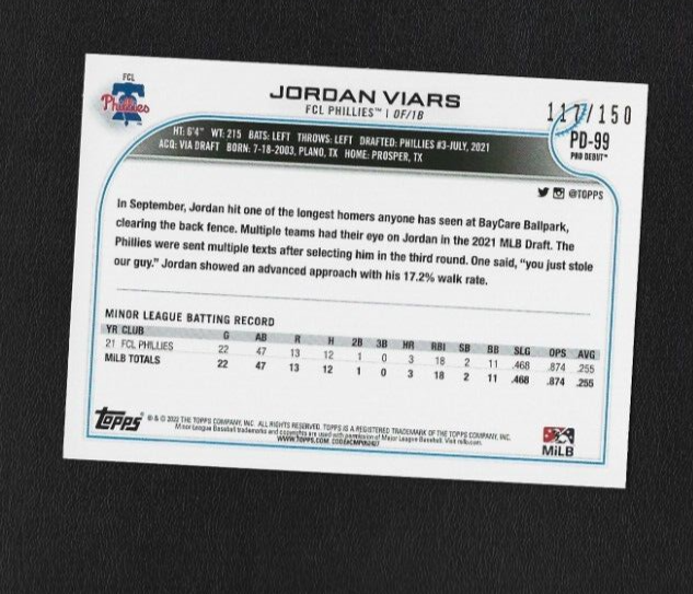 2022 Topps Pro Debut Jordan Viars PD-99 Blue Parallel 117/150 Phillies ...