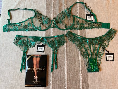 Honey Birdette Willow Emerald set, Bra 38DDD Garter XL, Brief L ...