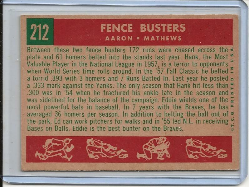 1959 Topps Baseball Card FENCE BUSTERS Aaron & Mathews Braves Near Mint ...