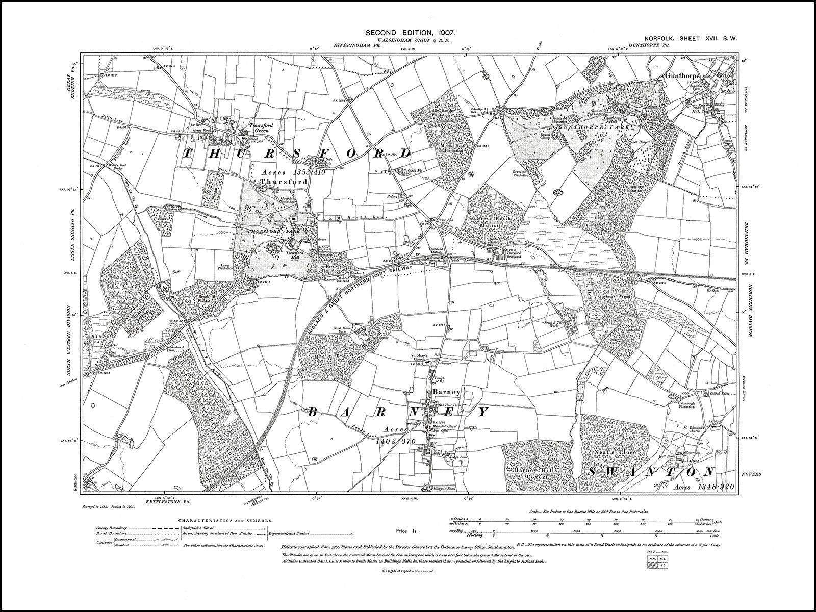 Old map of Barney, Thursford, Gunthorpe, Norfolk in 1907: 17SW repro ...