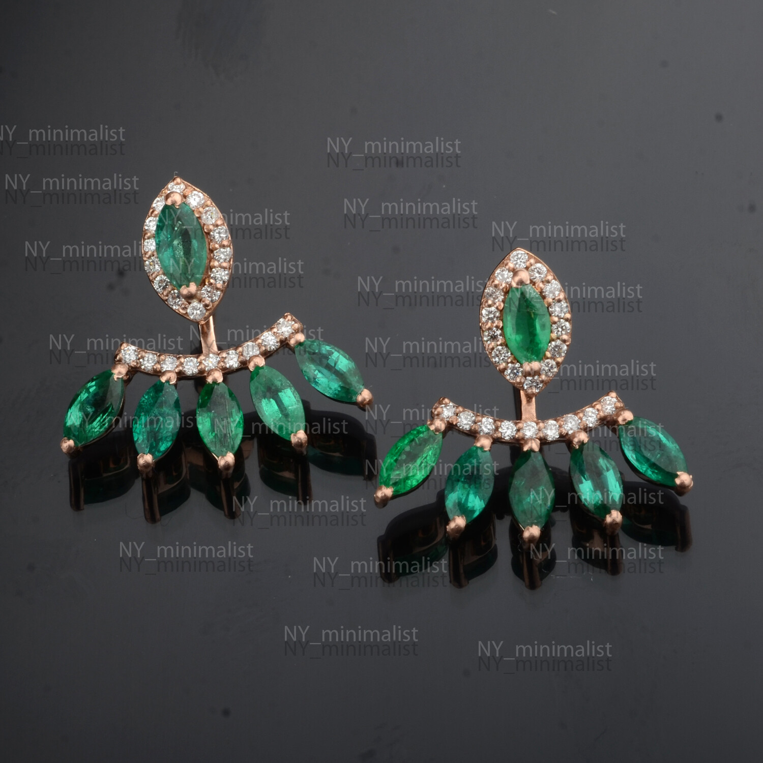 Real Marquise Emerald Gemstone Diamond Ear Jacket Tunnel Earrings 14k ...