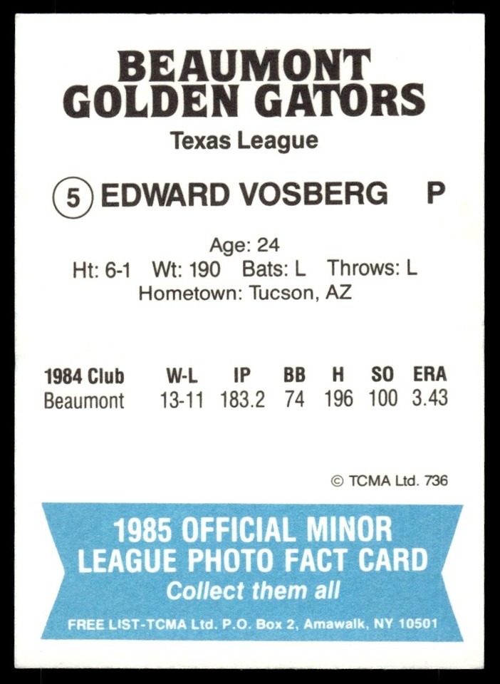 1985 TCMA Beaumont Golden Gators Ed Vosberg Beaumont Golden Gators #5 ...