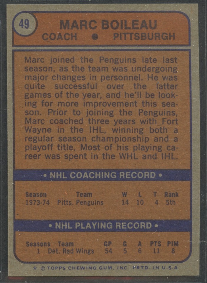 1974-75 Topps #49 Marc Boileau Pittsburgh Penguins | eBay