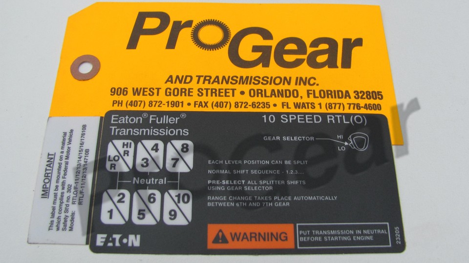 Eaton Fuller SUPER 10 Transmission Shift Pattern Label 23205 ...