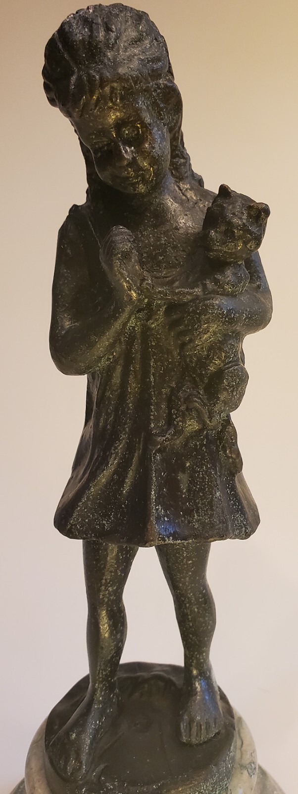 Bronze Statue of Girl Holding Cat on Gray & Pink Marble Base - Eutrope ...