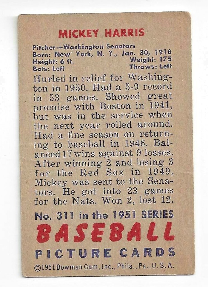 Mickey Harris 1951 Bowman ML Baseball Card # 311 Senators | eBay