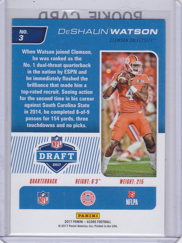 DeSHAUN WATSON ROOKIE CARD 2017 Score NFL DRAFT RC Clemson Tigers ...