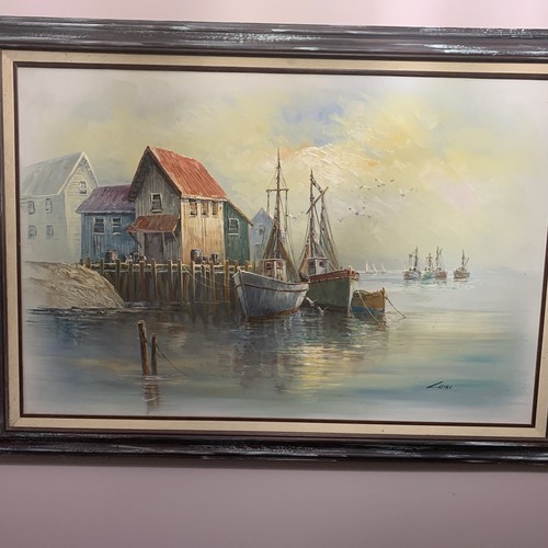 Vintage John Luini Fishing Boats At Dock Oil On Canvas Framed 36x24” | eBay