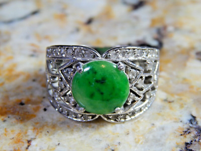 Unisex Ring Unknown Metal, Round Jade Stone & CZs, Size 10.5, UK V, 7 ...