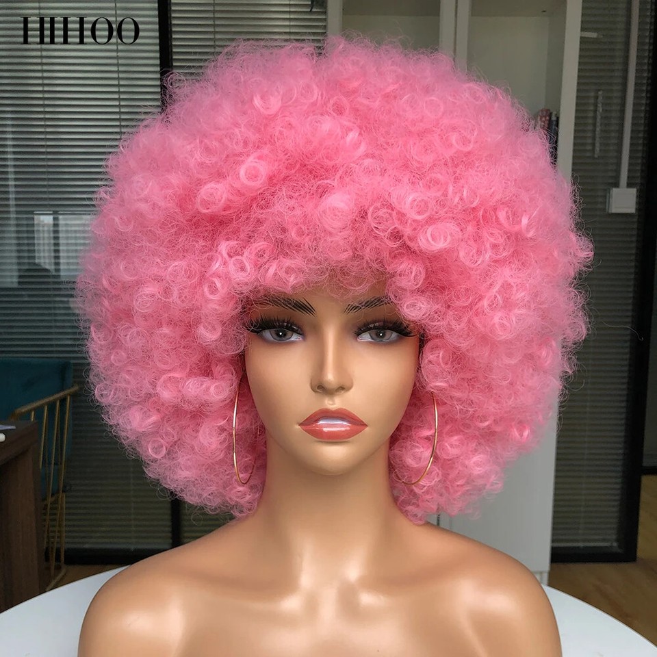 Short Kinky Curly Wig With Bangs Cosplay Pink Synthetic Wig Halloween ...
