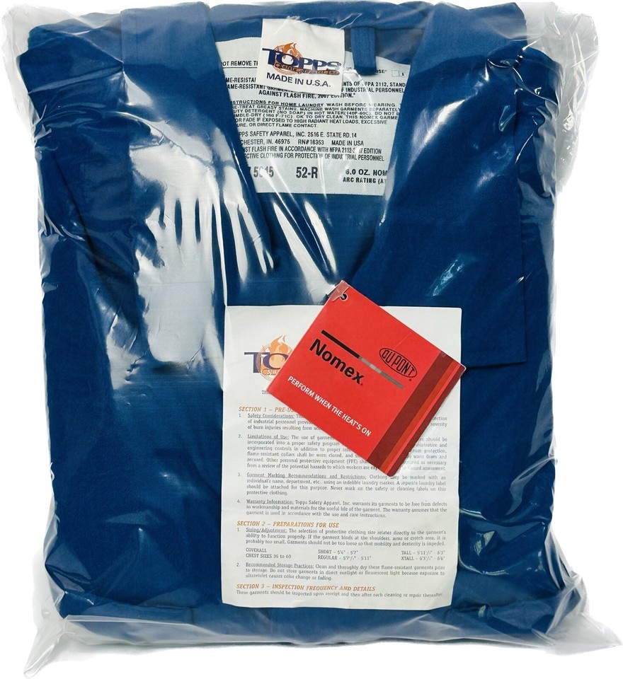 Topps 6 oz. Nomex IIIA Flame Resistant Coverall 5.7 Arc Rating Royal ...