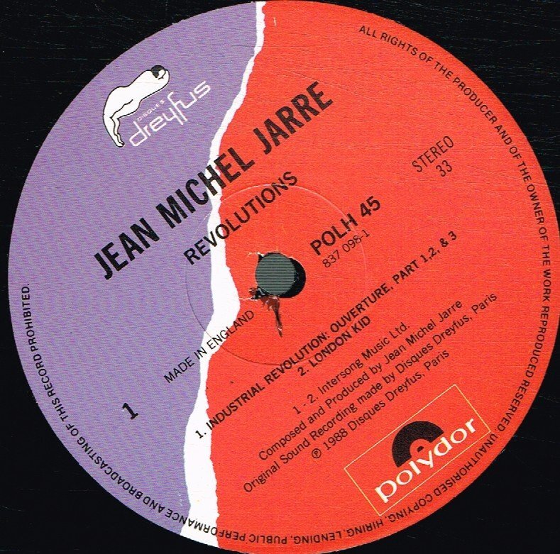 Jean Michel Jarre Revolutions LP vinyl UK Polydor 1988 with A2U/B1U ...