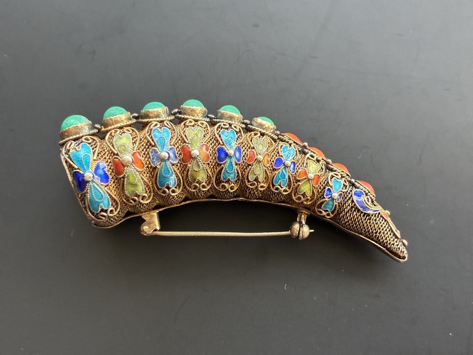 Chinese Finger Nail Guard Brooch Pin 2.75” Silver Signed Vintage Rare ...