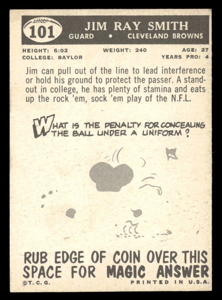 Jim Ray Smith 1959 Topps Rookie Card #101 Cleveland Browns | eBay