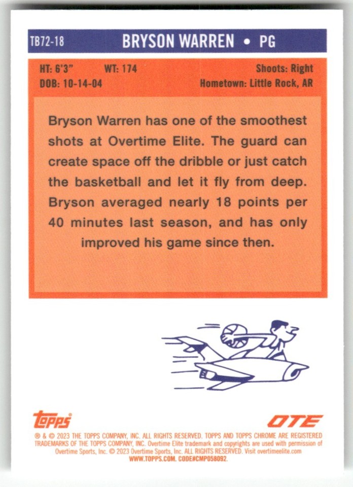 Bryson Warren 2022-23 Topps Chrome Overtime Elite 1972 Basketball #TB72 ...