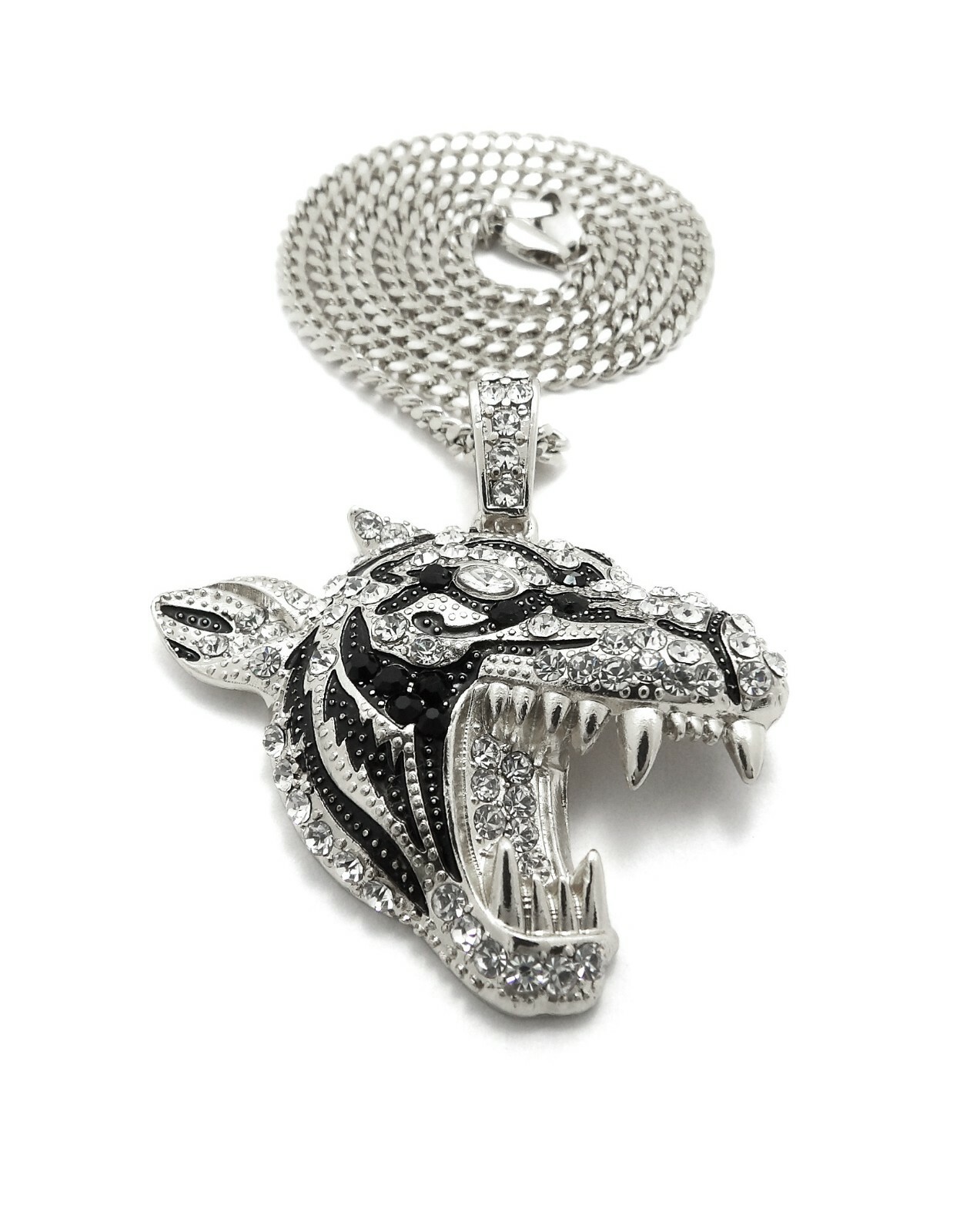 Hip Hop Iced White Gold PT TIGER Pendant & 24" Box, Cuban, Rope Chain ...