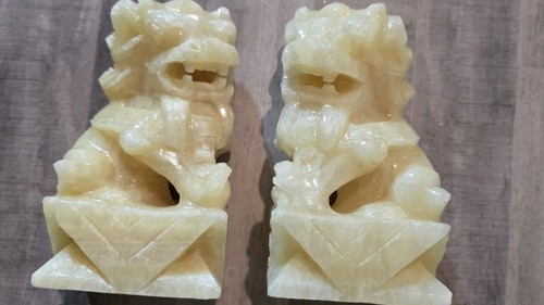 CHINESE PAIR HAND CARVED VINTAGE FOO DOG LION Pixiu Pi Yao Wealth ...