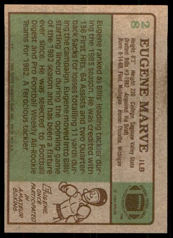 1984 TOPPS EUGENE MARVE BUFFALO BILLS #28 | eBay