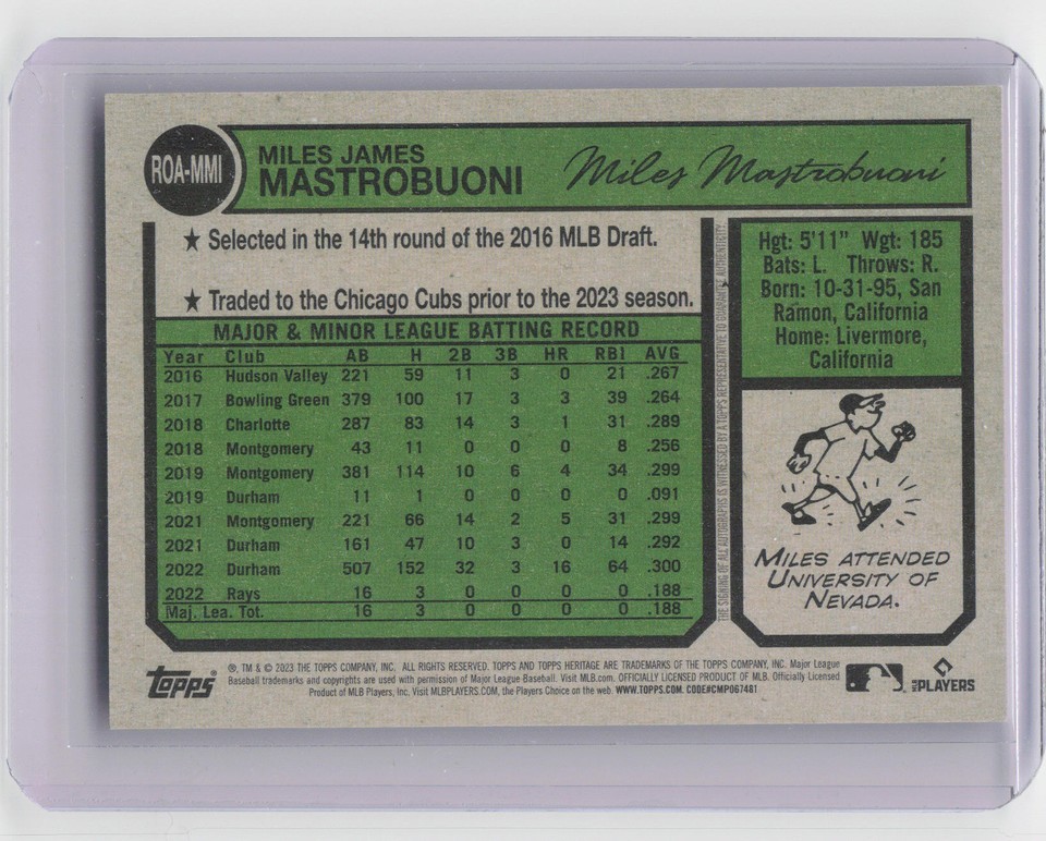 2023 Topps Heritage #ROA-MMI Miles Mastrobuoni Real One Autographs High ...