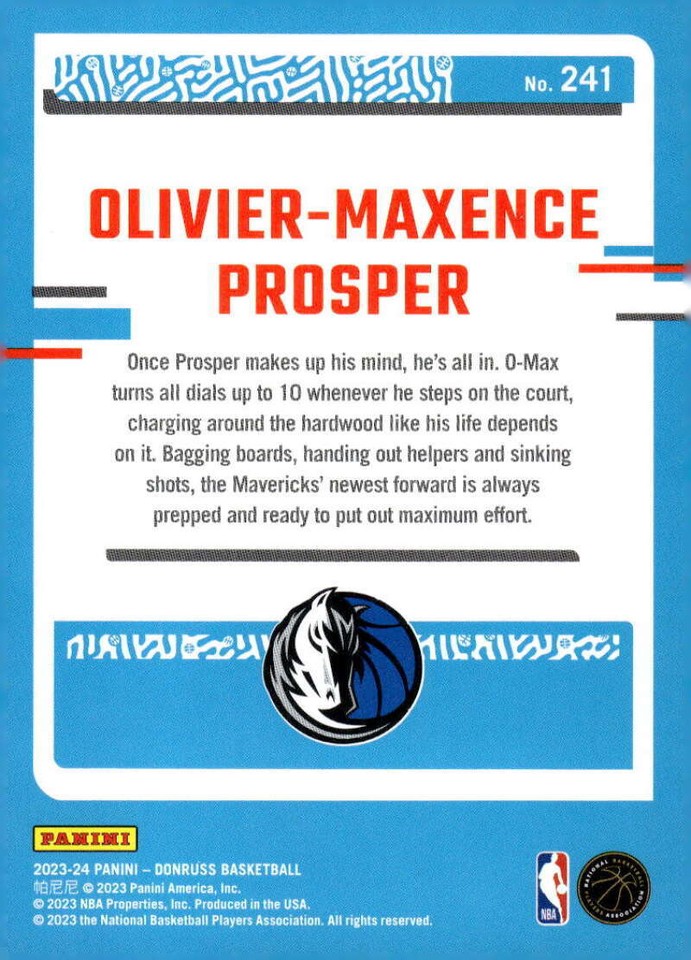 Olivier-Maxence Prosper RC 2023-24 Donruss #241 Mavericks Rated Rookie ...