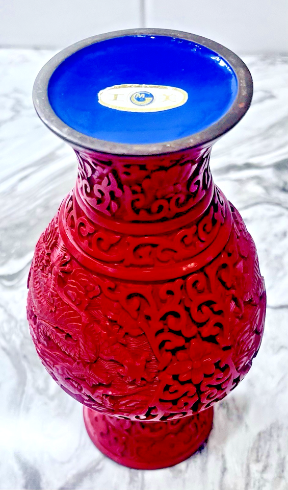 Atq Chinese Dragon Hand Carved Cinnabar Red Lacquer Vase 8” Ht X 4 ...